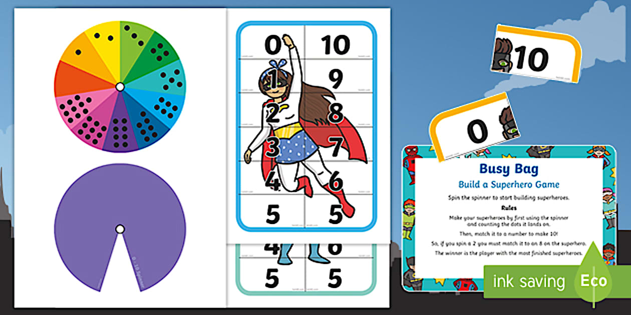 Build a Superhero Game Number Bonds to 10 Busy Bag Prompt Card and Resource