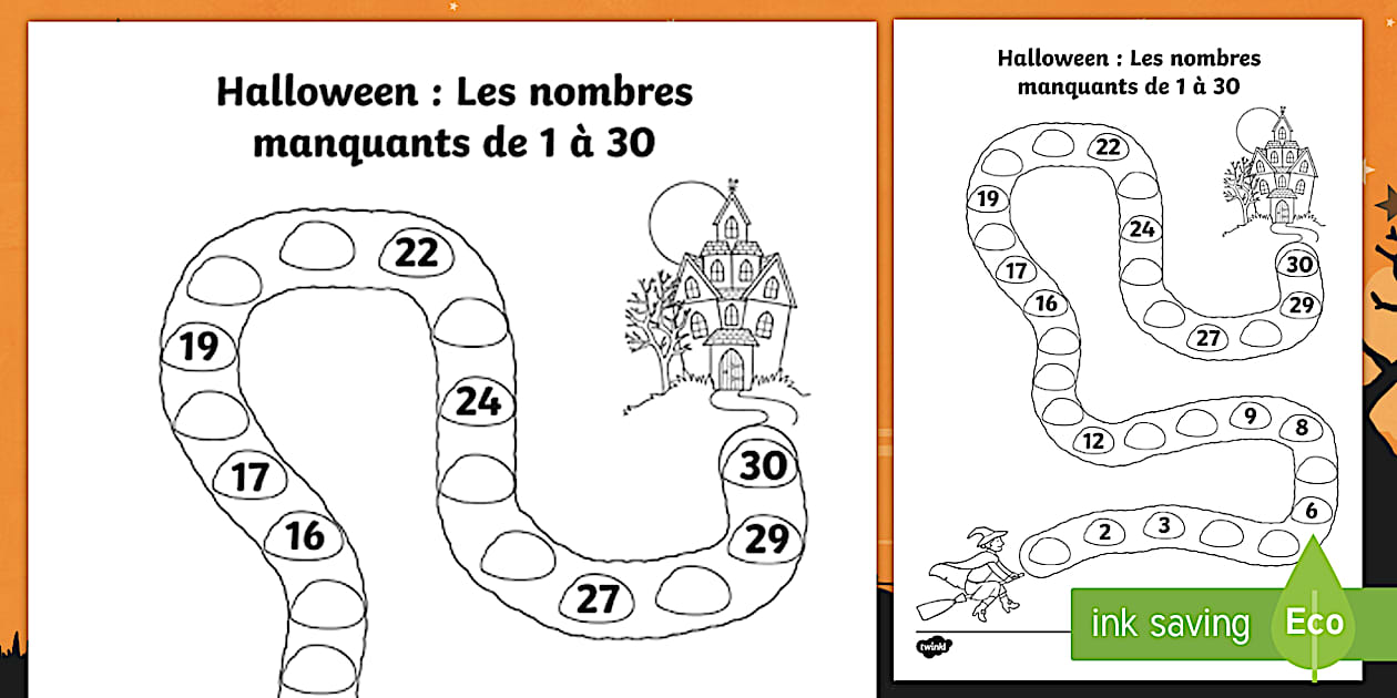 Feuille d'activité sur Halloween : Les nombres manquants jusqu'à 30