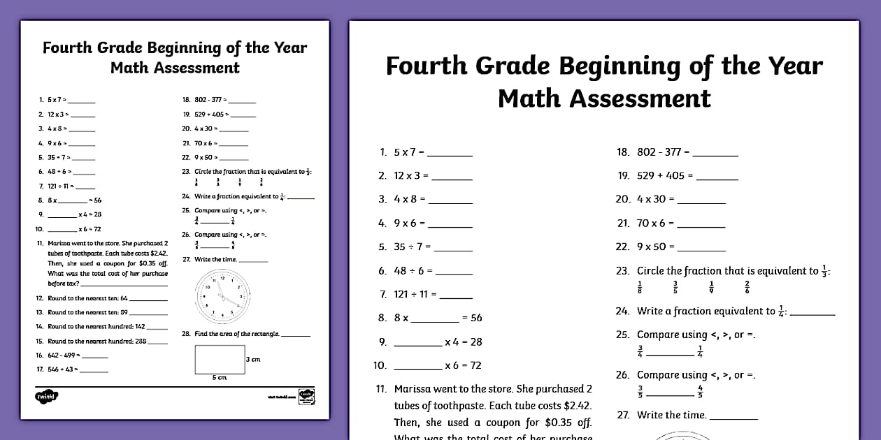 Fourth Grade Beginning of the Year Math Assessment - Twinkl