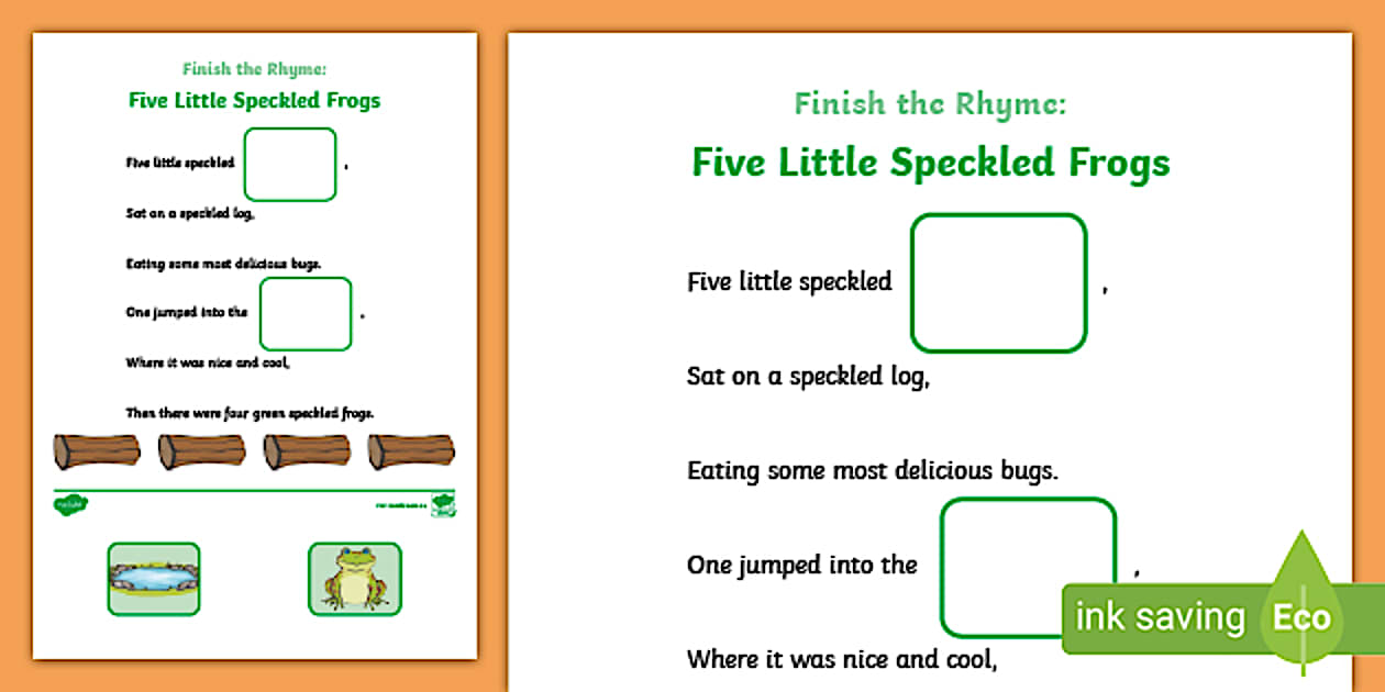 Finish the Rhyme: Five Little Speckled Frogs Worksheet