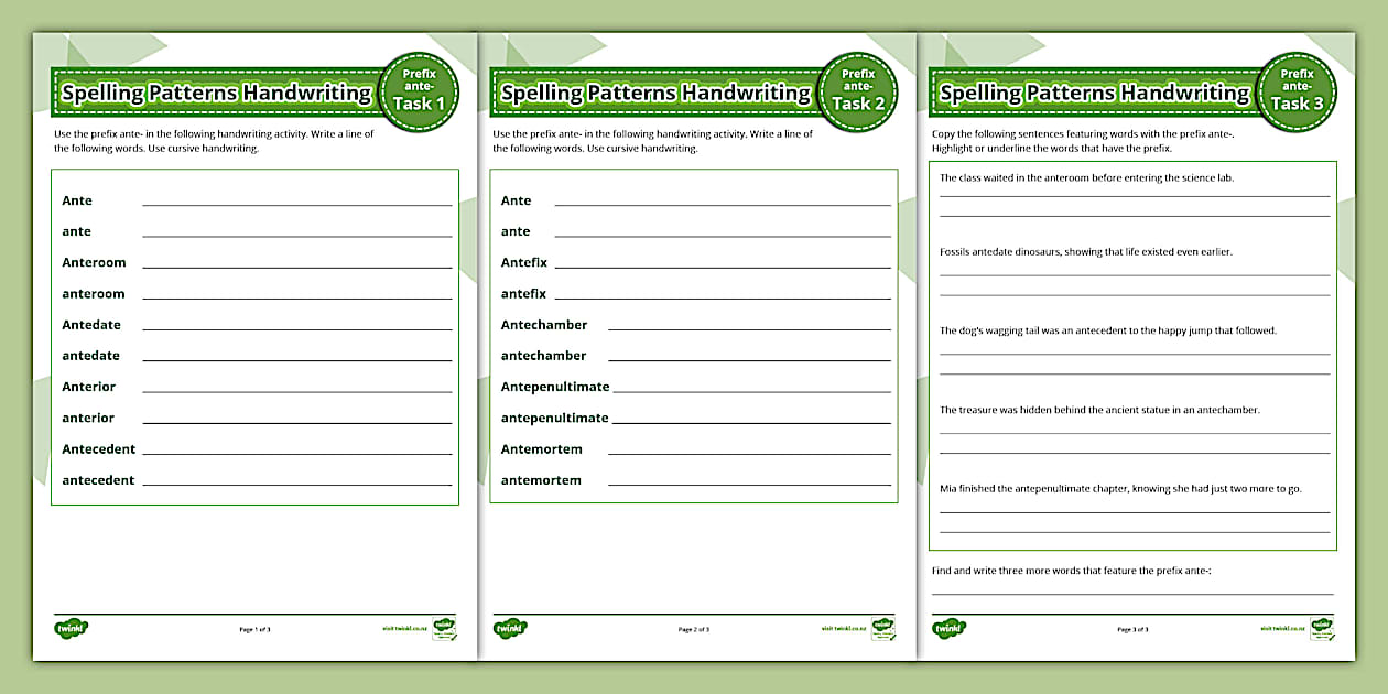 Year 7-8 Prefix ante- Spelling Patterns Handwriting - Twinkl
