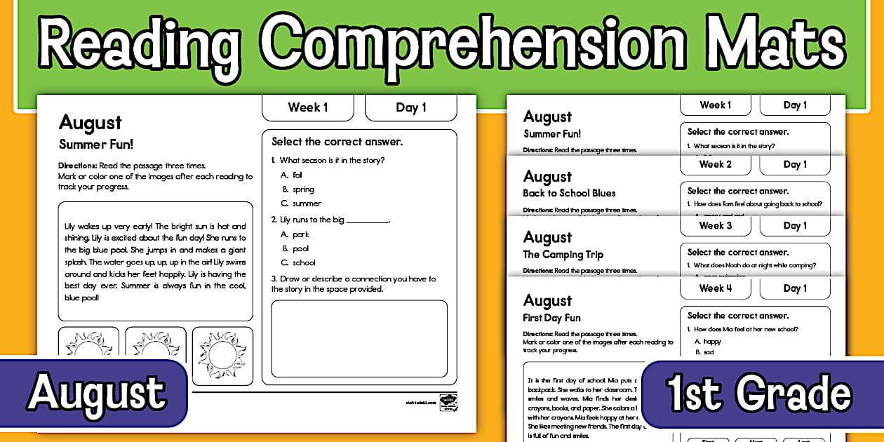 First Grade August Daily Reading Comprehension Mats
