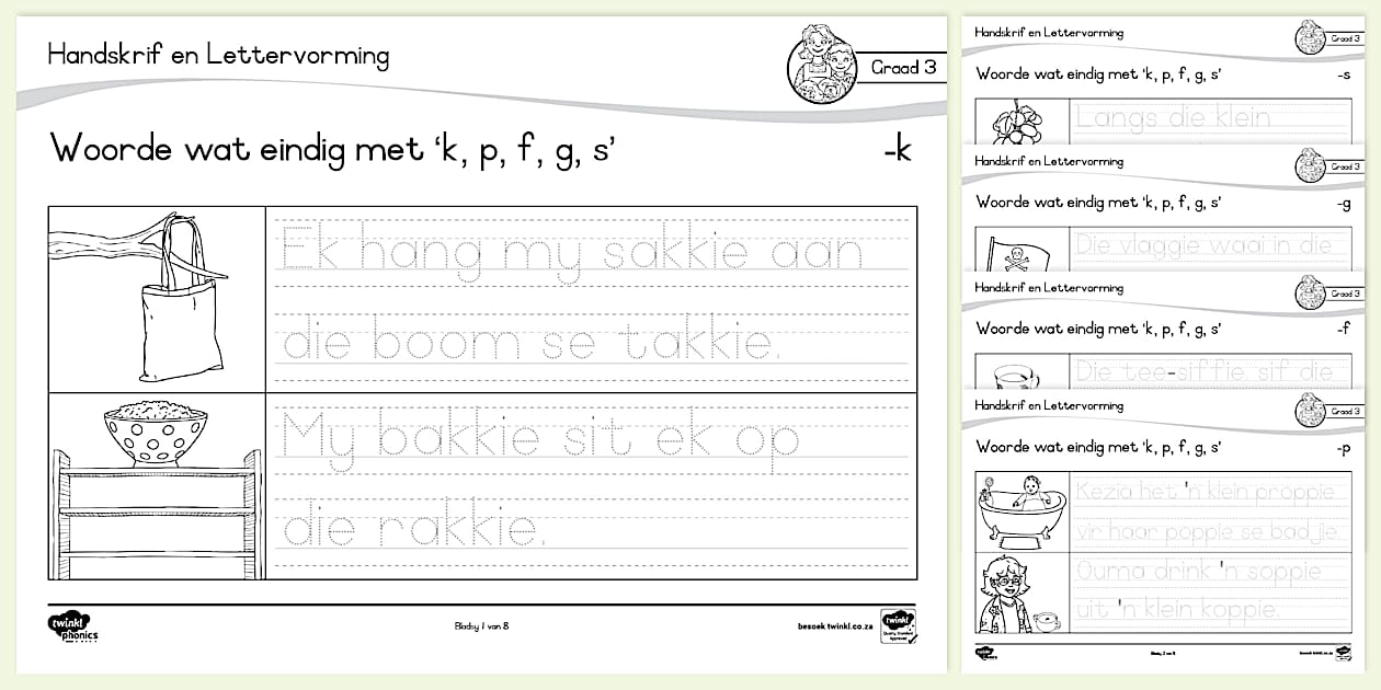 Graad 3 Klanke handskrif Verkleinwoorde k,p,f,g,s,- kort vokaal
