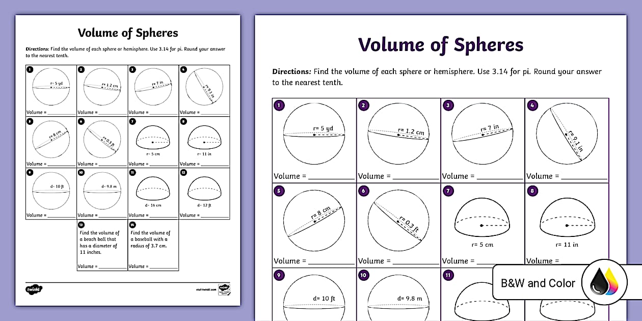 Eighth Grade Volume of Spheres Worksheet (teacher made)