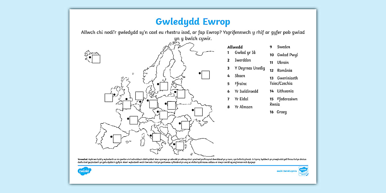 Taflen Waith Map: Lleoli Gwledydd Ewrop