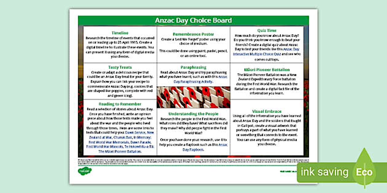 Anzac Day Choice Board (teacher made) - Twinkl