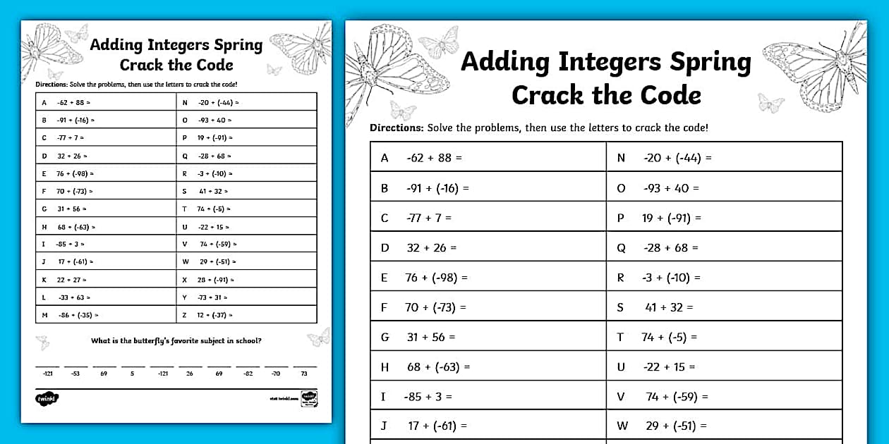 Seventh Grade Adding Integers Spring Crack the Code - Twinkl