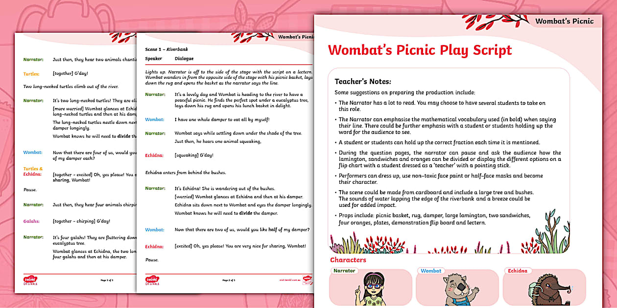 Wombat's Picnic Play Script (teacher made) - Twinkl
