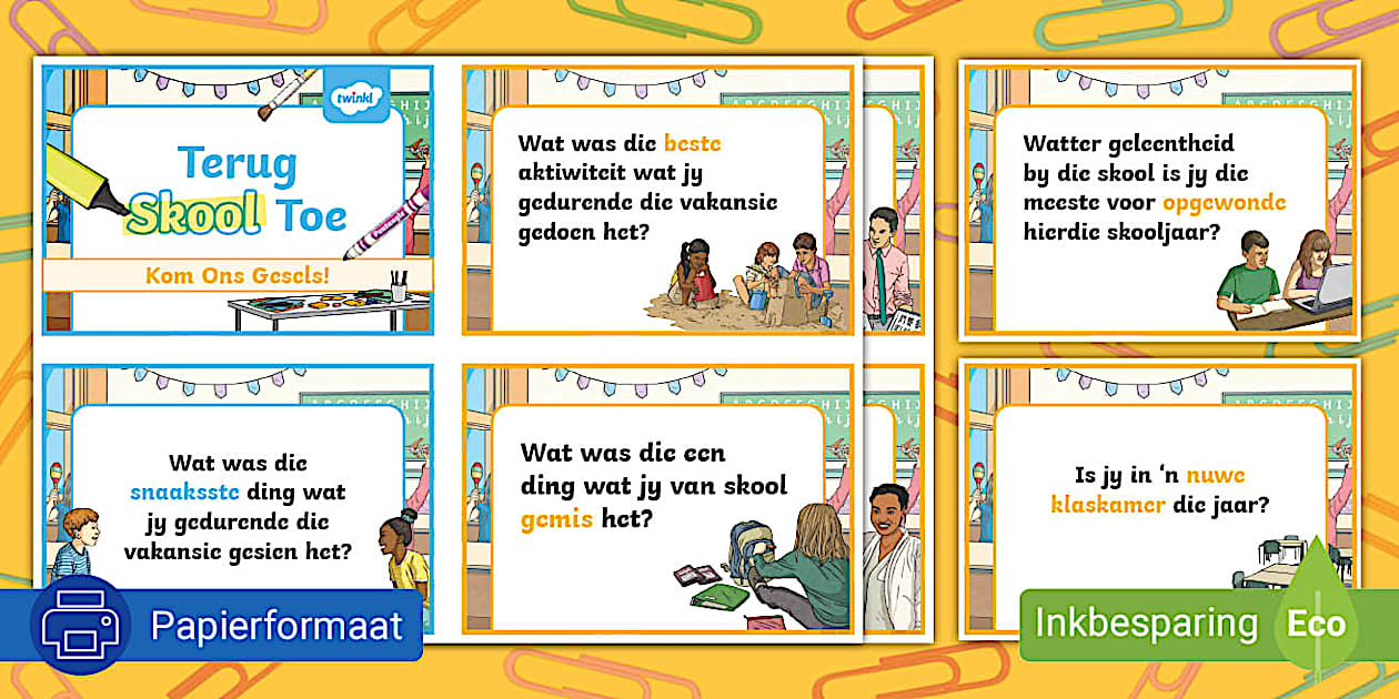 Kom Ons Gesels! - Terug Skool Toe - Gesprekskaarte - Twinkl