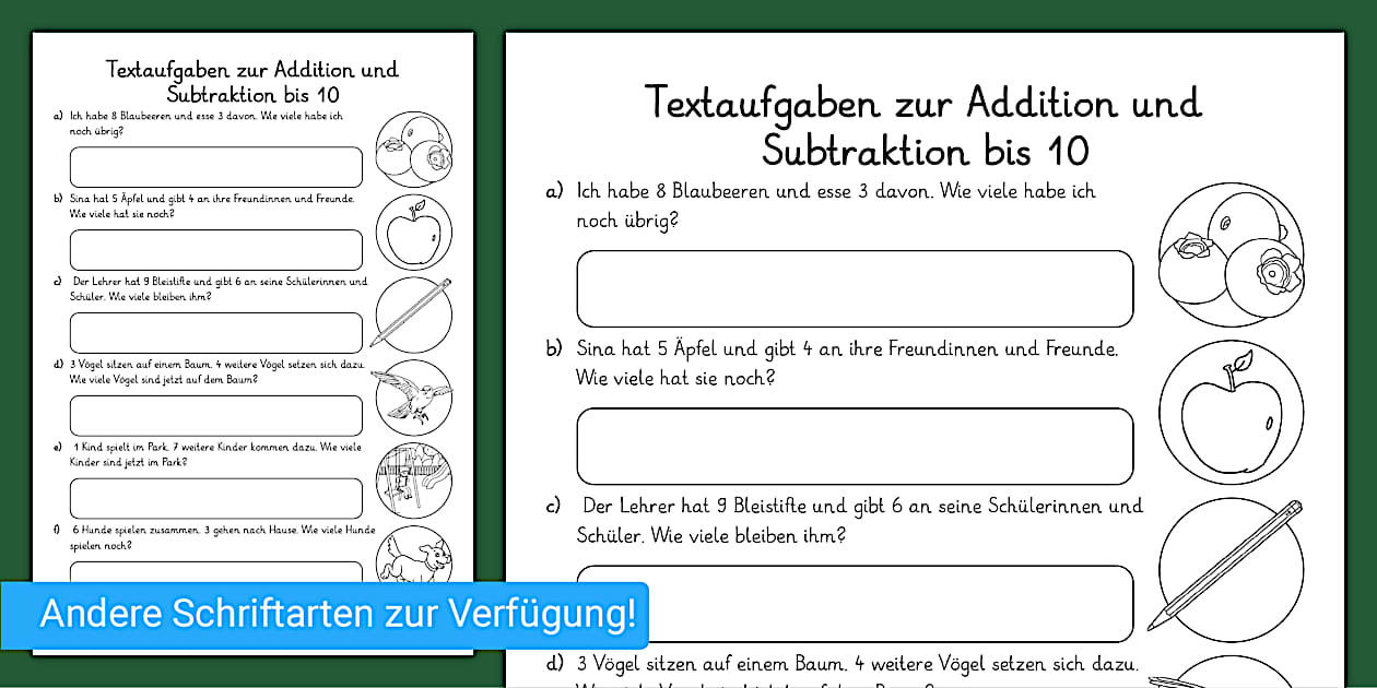 Textaufgaben zur Addition und Subtraktion bis 10 - Twinkl