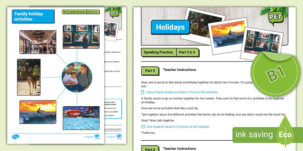 B1 PET Speaking Part 3 and 4 Practice (Holidays) - Twinkl