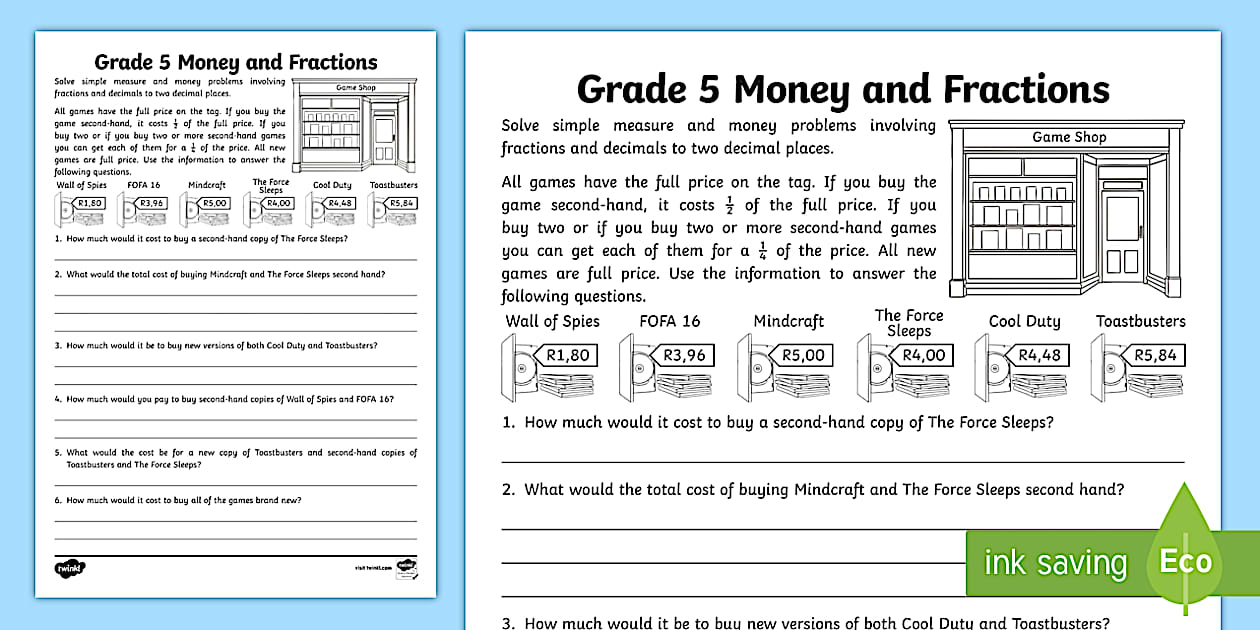 Grade 5 Money And Fractions Worksheet - Twinkl