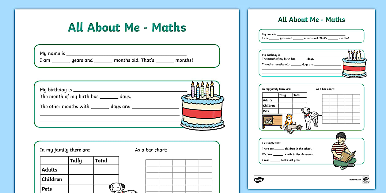 All About Me Maths Display Poster Worksheet Year 3-4