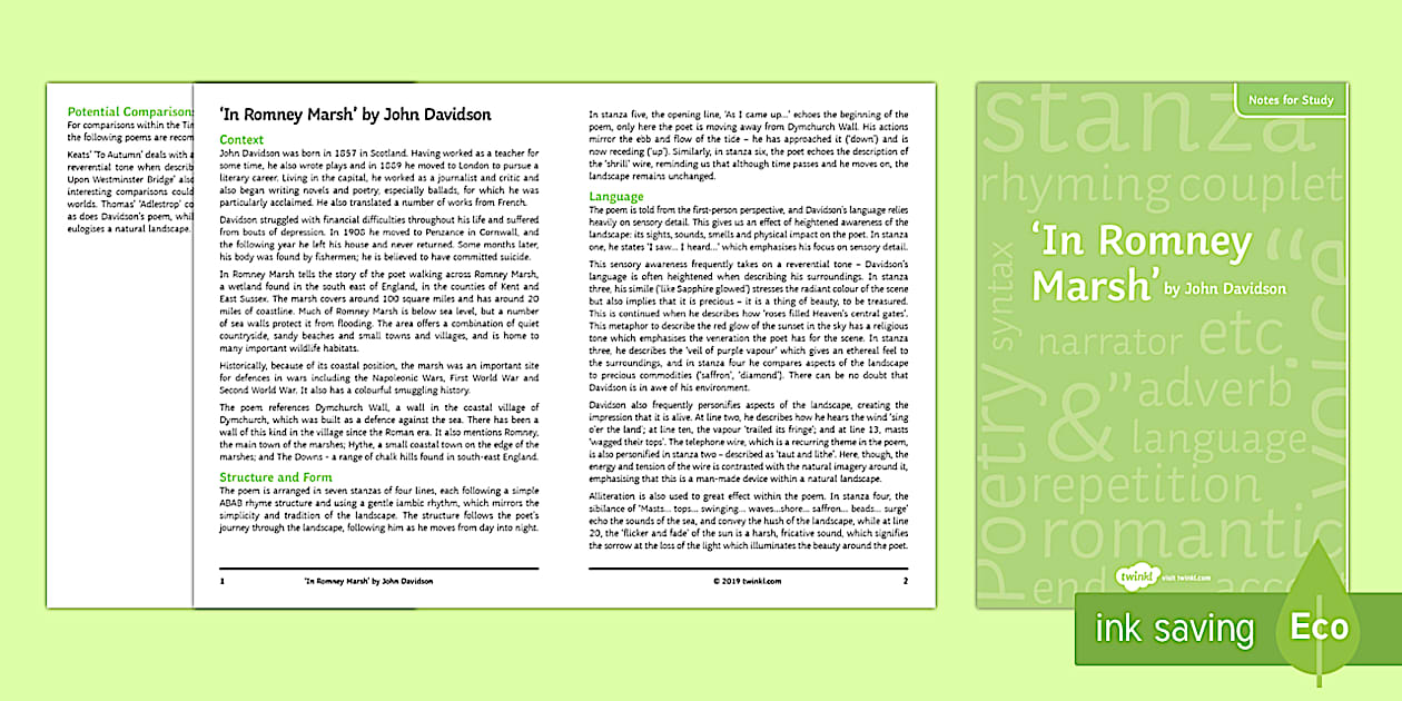 GCSE Poetry Notes for Study - In Romney Marsh (teacher made)