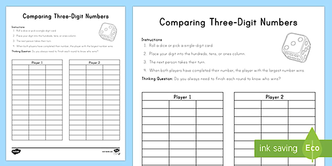 Second Grade Comparing Three-Digit Numbers Game - Twinkl
