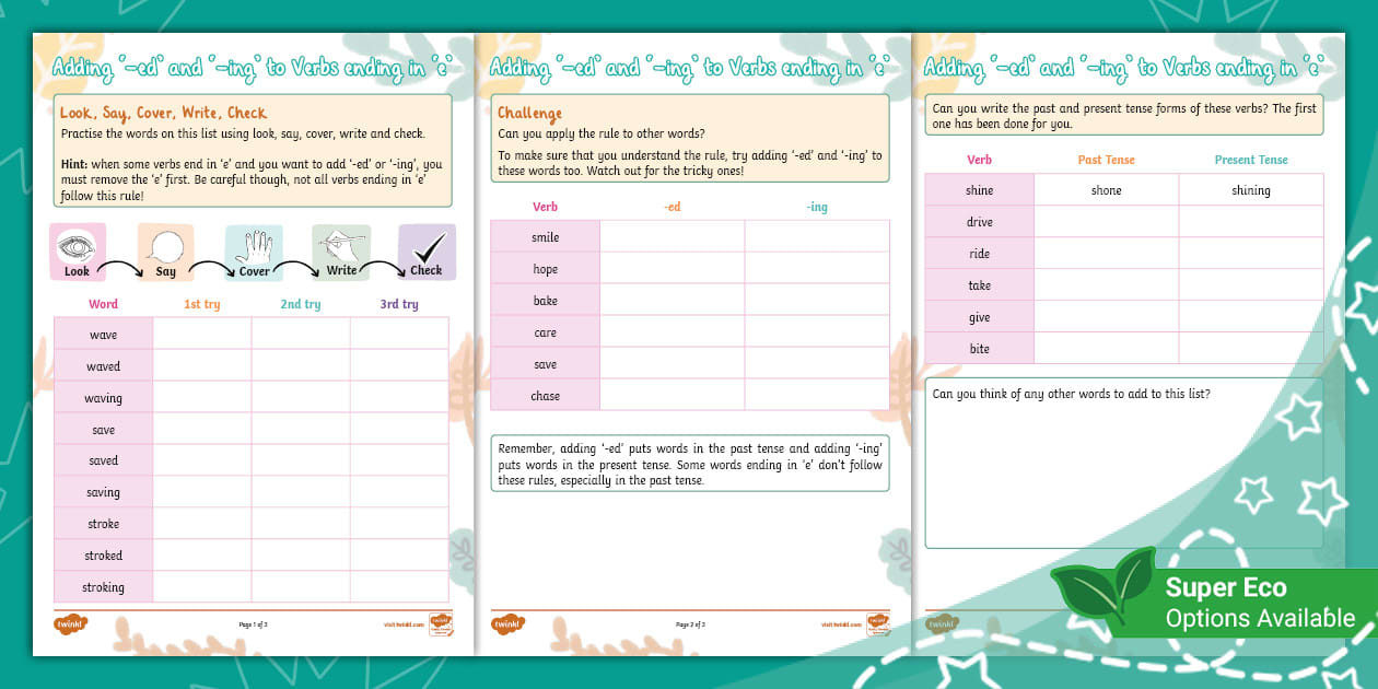 Adding -ed and -ing to Verbs Ending in 'e' Worksheet
