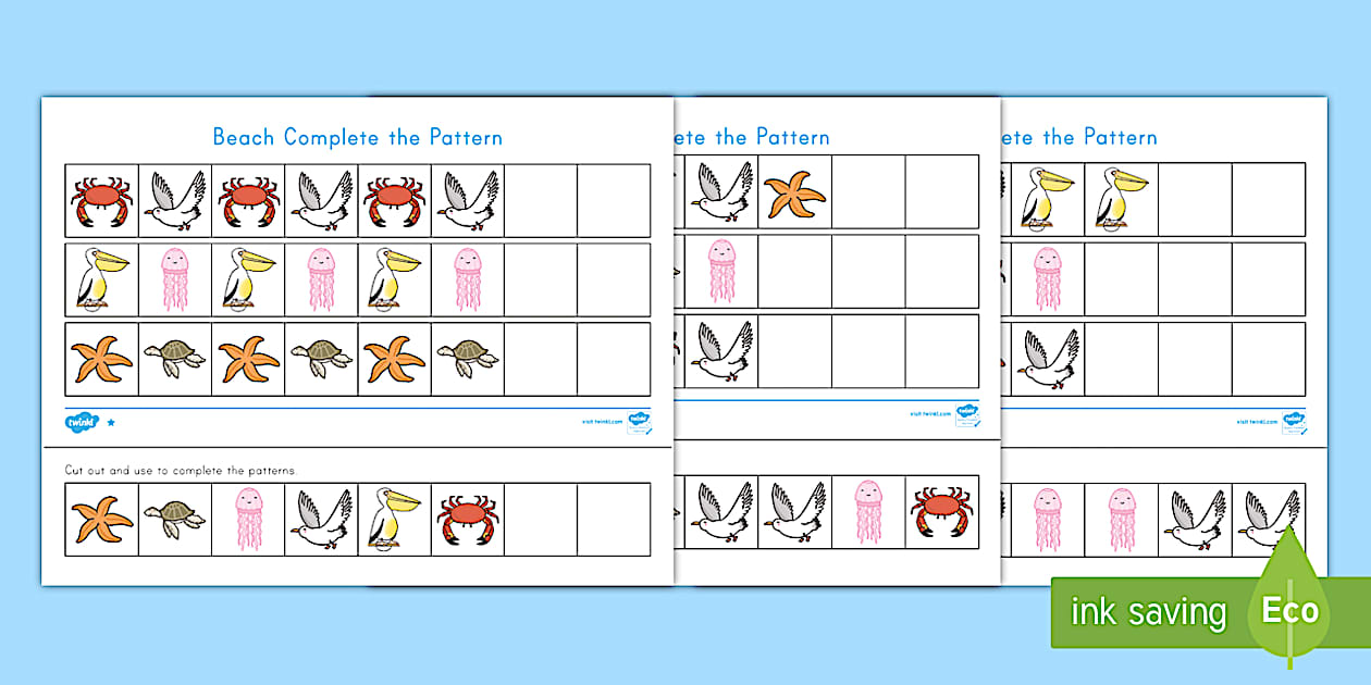 Beach Complete the Pattern Cut and Paste Worksheet | Twinkl USA