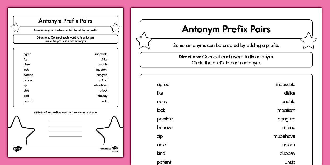 Second Grade Antonym Prefix Pairs Worksheet (teacher made)