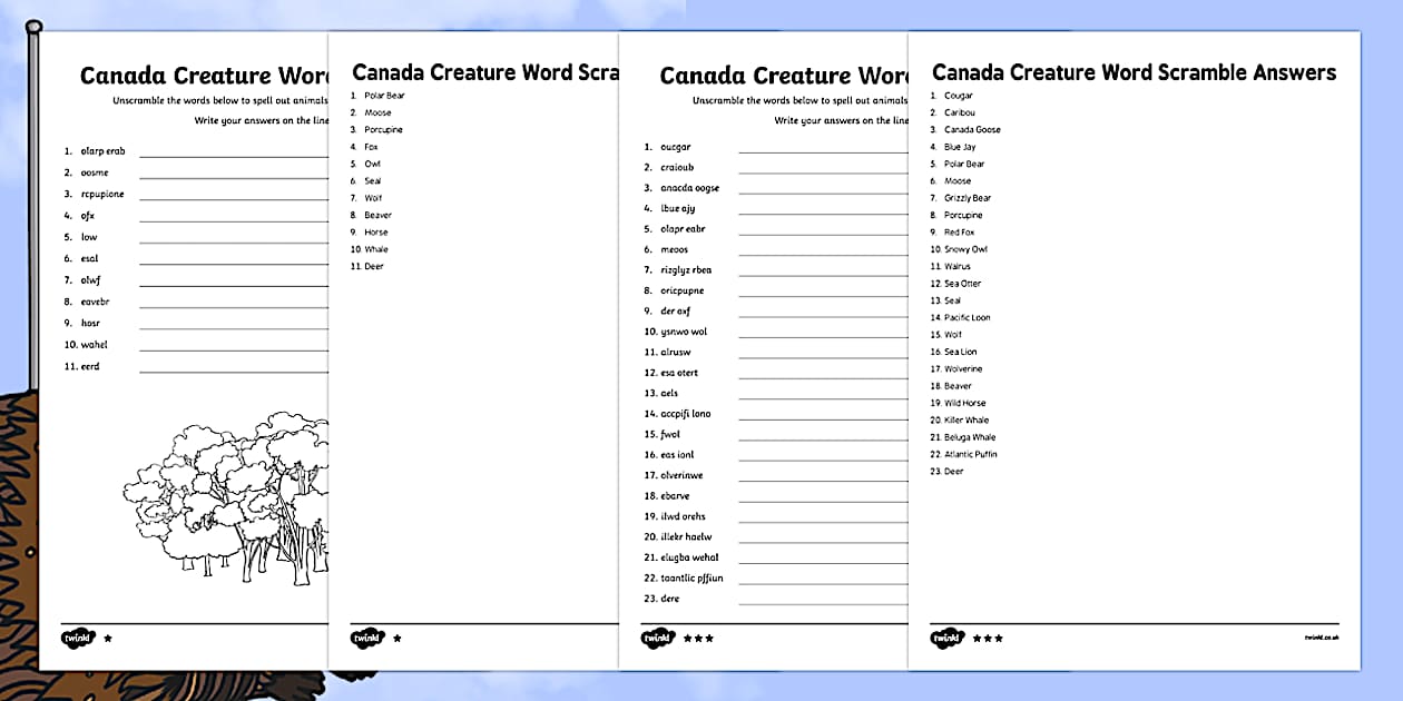 Editable Canada Creature Word Scramble Worksheet - Twinkl