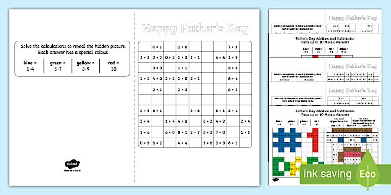 Father's Day Addition and Subtraction Facts to 10 Maths Mosaic Cards