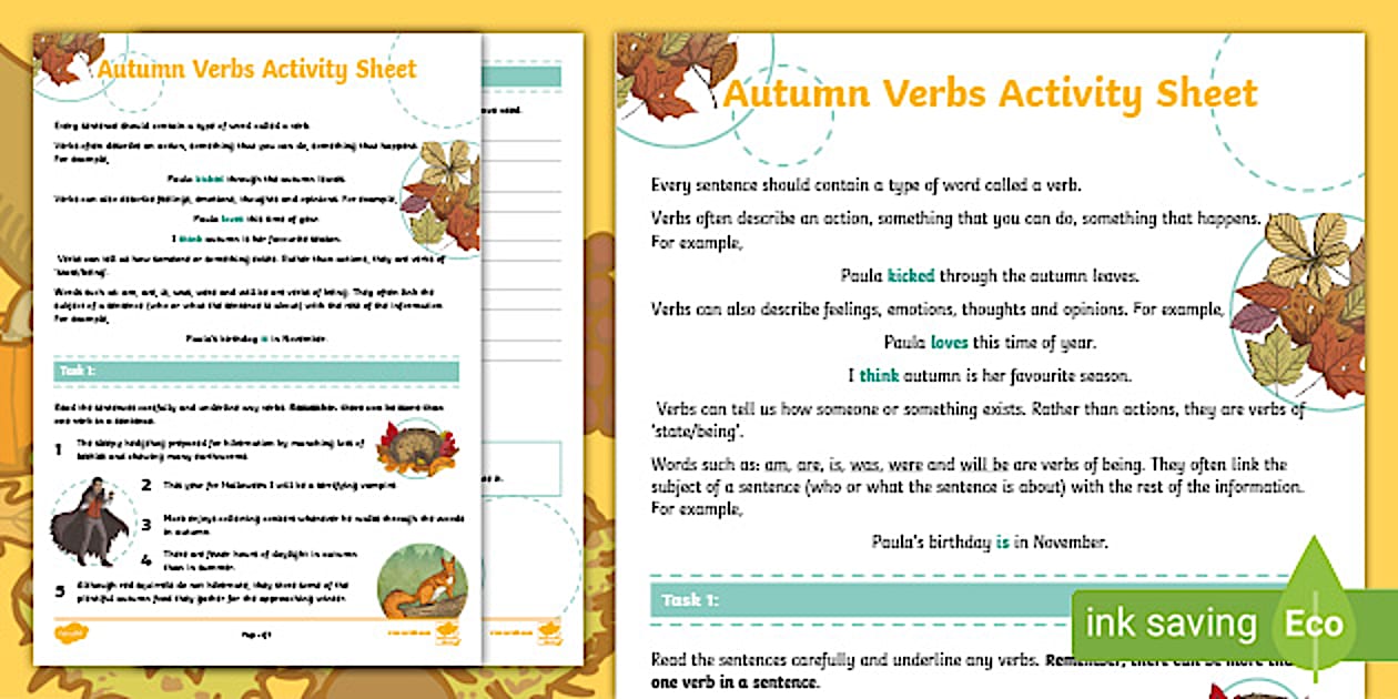 Verbs Activity Sheets Autumn (Hecho por educadores) - Twinkl