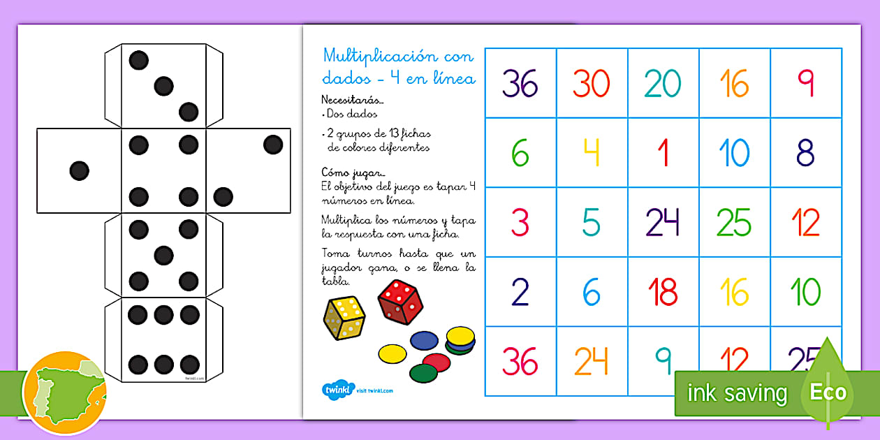 Juego de mesa: Multiplicación con dados - 4 en línea