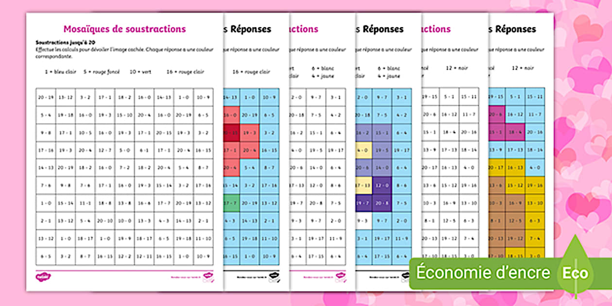Mosaïques de soustractions : La Saint-Valentin - Twinkl
