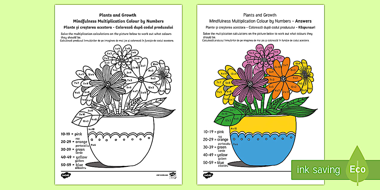 Plants and Growth Themed Mindfulness Multiplication Colour by Numbers