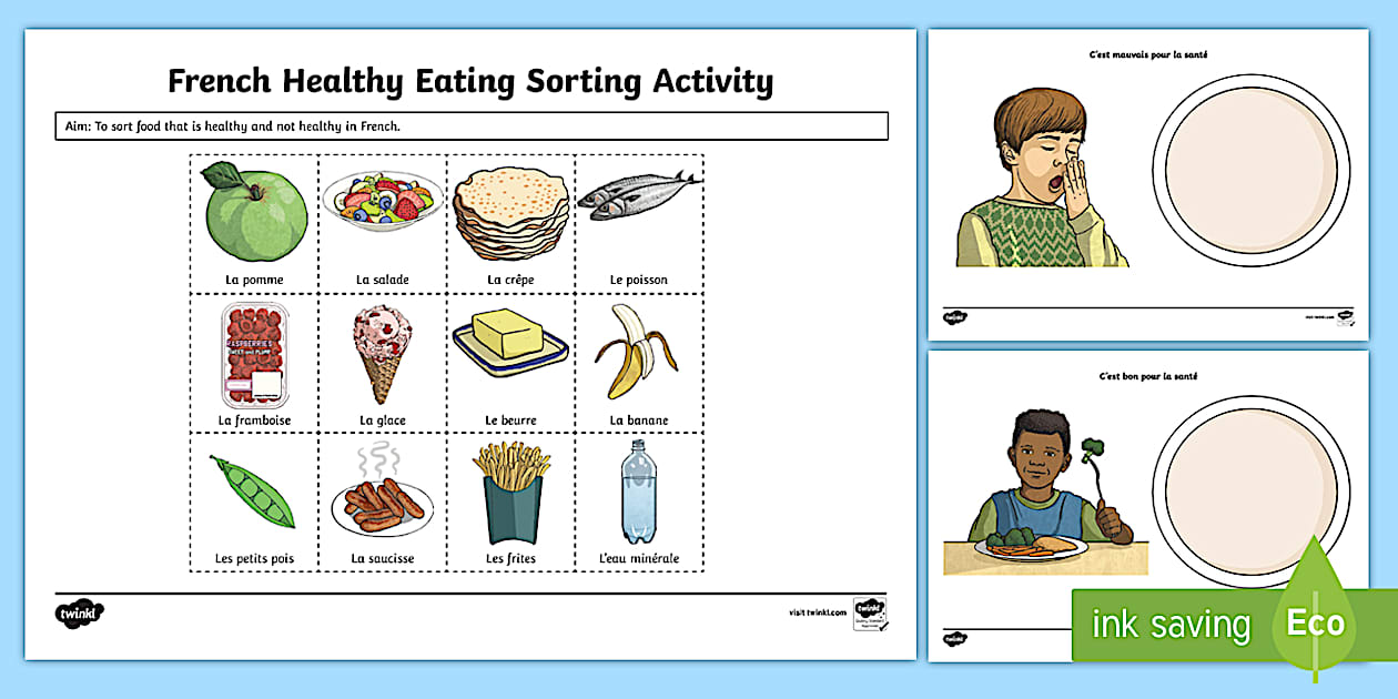 Healthy Eating Sorting Worksheet / Worksheet French - Twinkl
