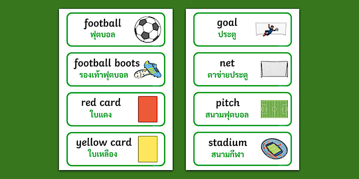 บัตรคำศัพท์ศัพท์ฟุตบอล ภาษาอังกฤษ พร้อมคำแปลไทย และรูปภาพ