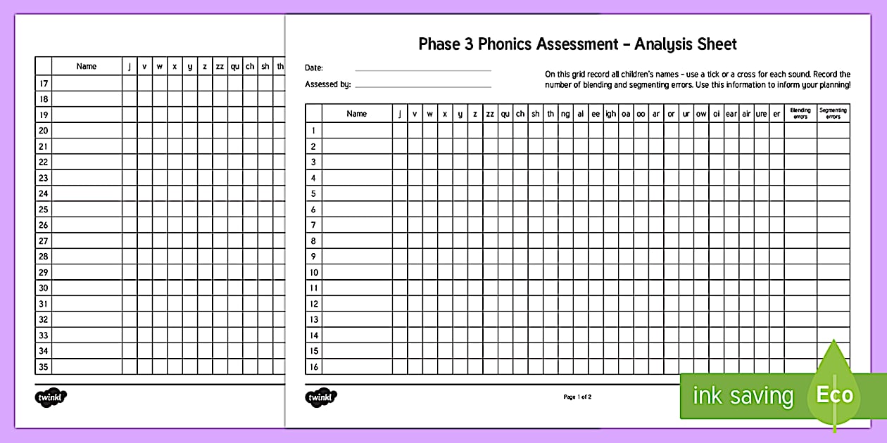 Phase 3 Phonics Letters and Sounds Analysis Sheet - Twinkl