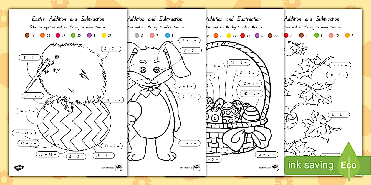 Black and White Easter Addition and Subtraction Colour by Number
