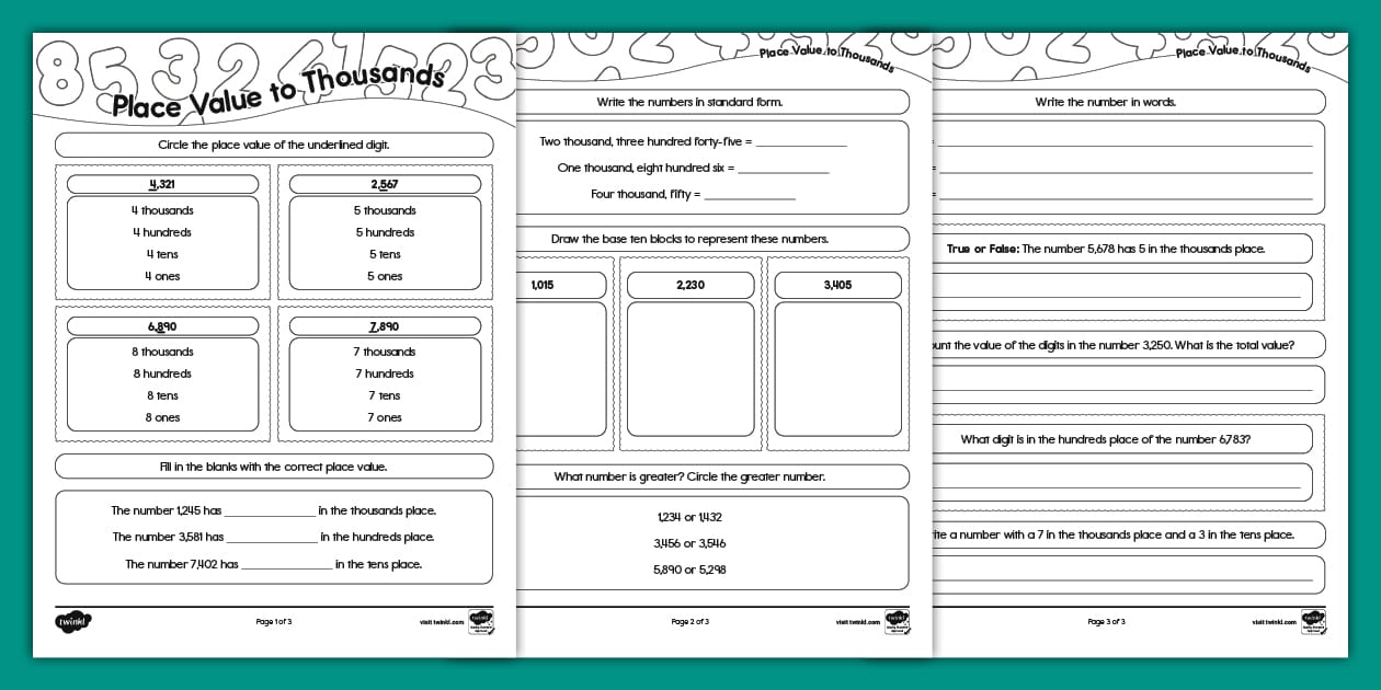 Place Value to Thousands Worksheet for K-2nd Grade - Twinkl
