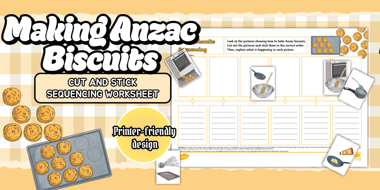 Cut and Stick: Making Anzac Biscuits Sequencing Worksheet