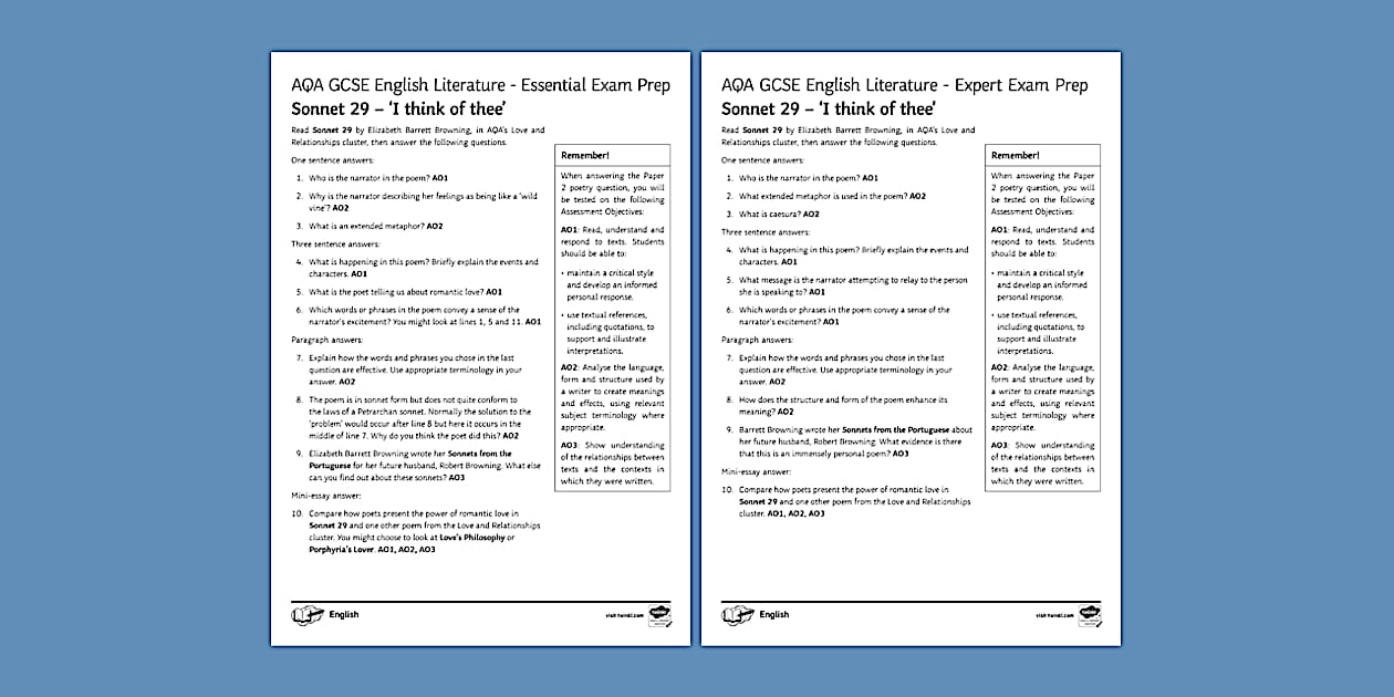 AQA Poetry: Sonnet 29 - Differentiated Revision Worksheets