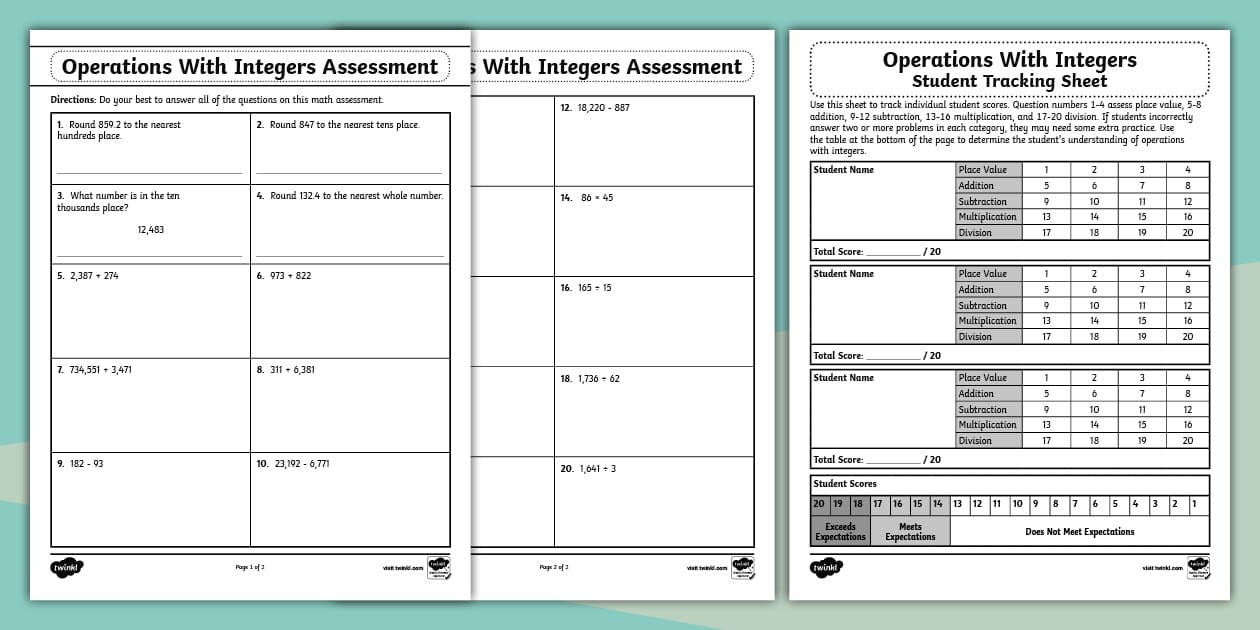 Middle School Basic Skills Operations With Integers Initial Assessment