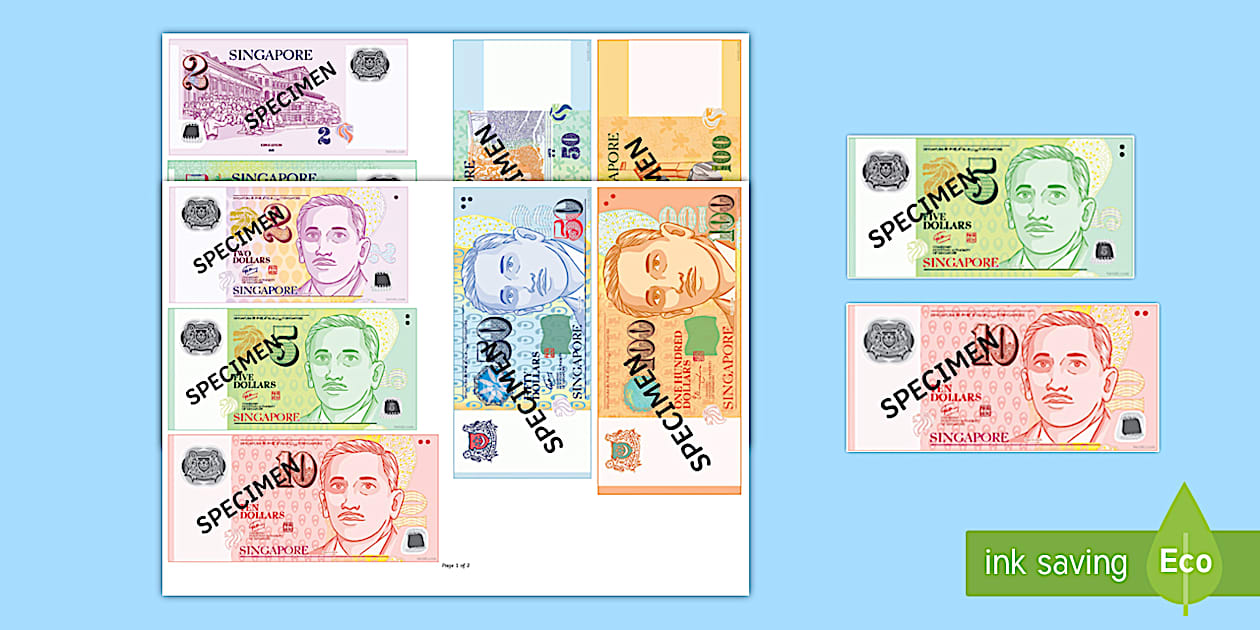 Black and White Singapore Notes Display Cut-Outs - Singapore Play Money