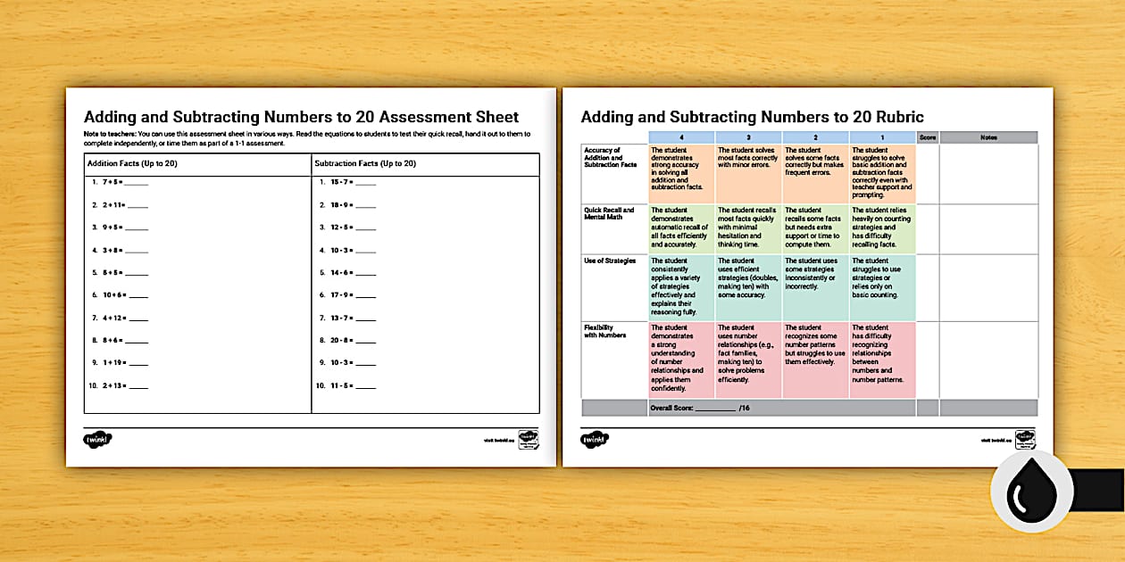 Adding & Subtracting Numbers to 20: Rubric+ Assessment Sheet