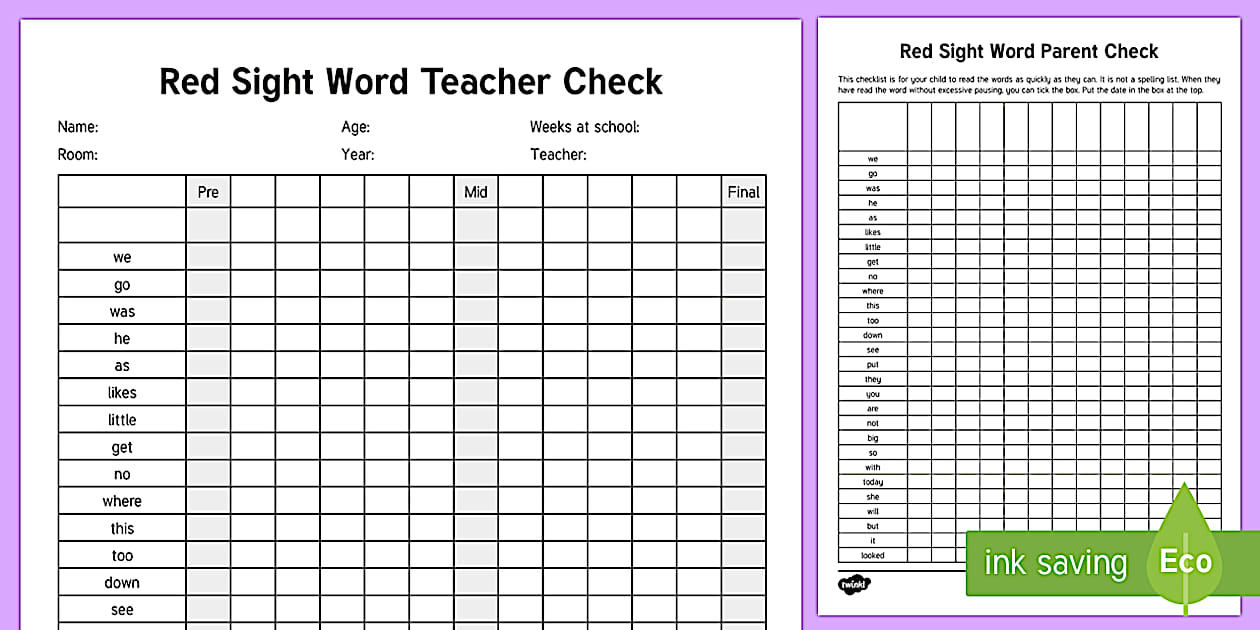 Red Reading Sight Words Checklist (Teacher-Made) - Twinkl