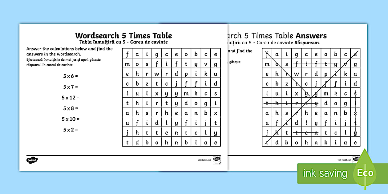 Multiplication 5 Times Tables Wordsearch Worksheet / Worksheet