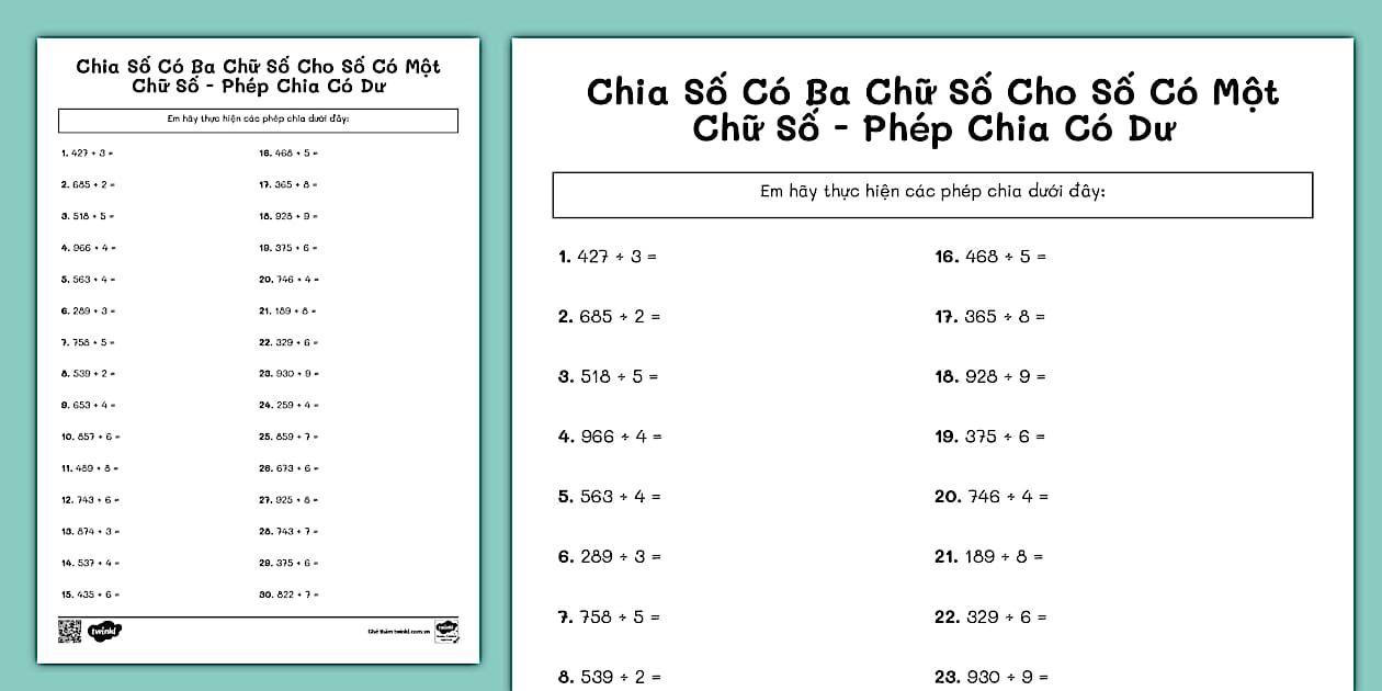 Phiếu Bài Tập Chia Số Có Ba Chữ Số Cho Số Có Một Chữ Số - Phép Chia Có Dư