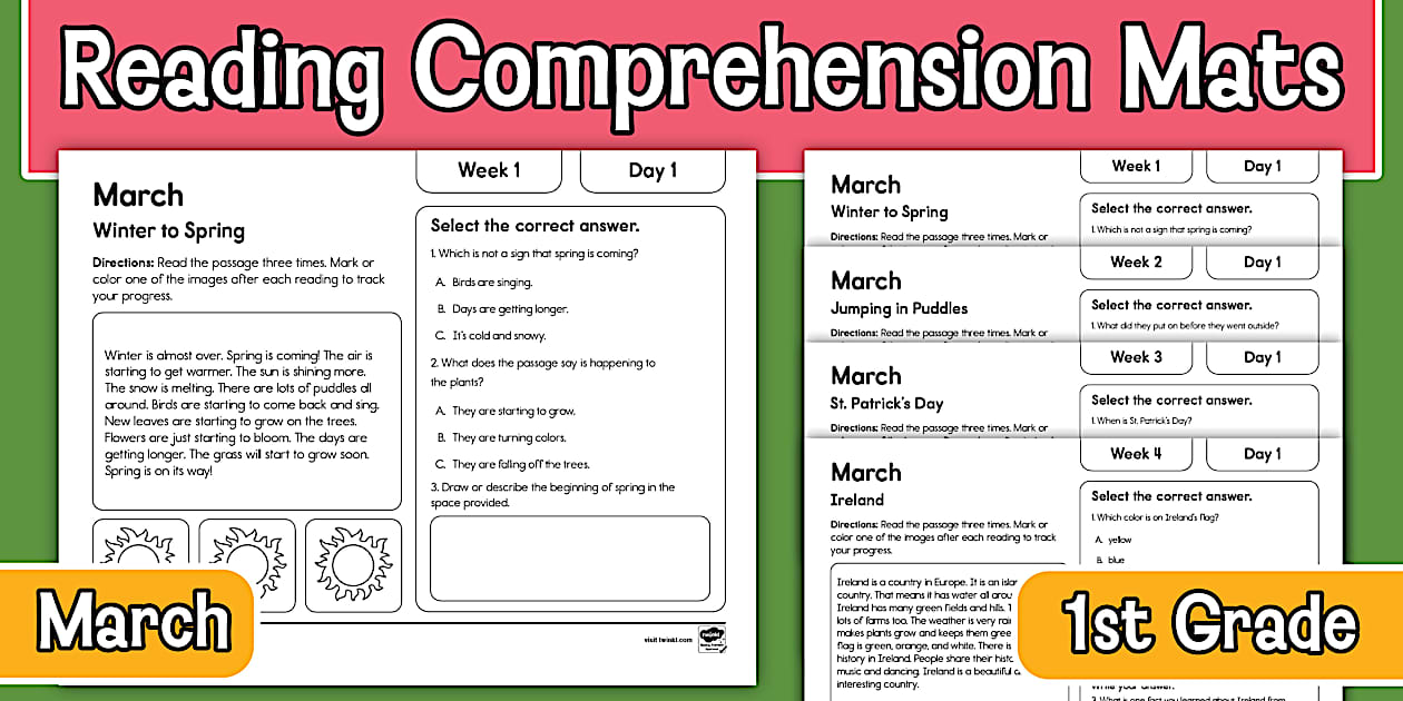 March First Grade Daily Reading Comprehension Mats