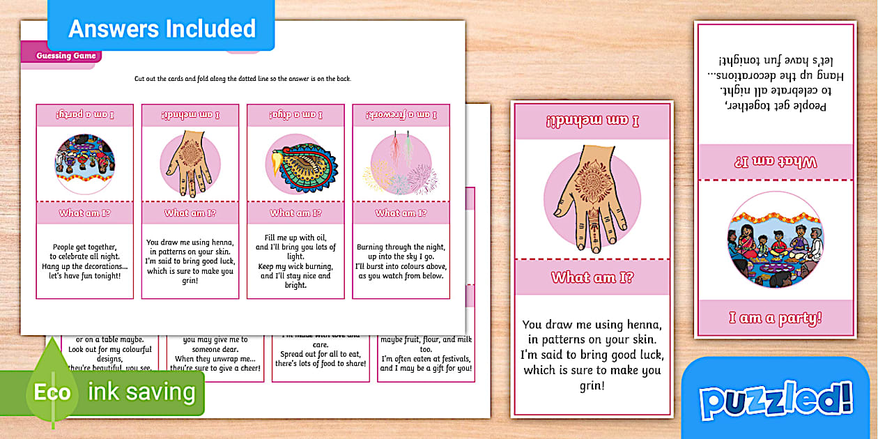 Fun Diwali What Am I? Guessing Game Puzzle Cards - Twinkl