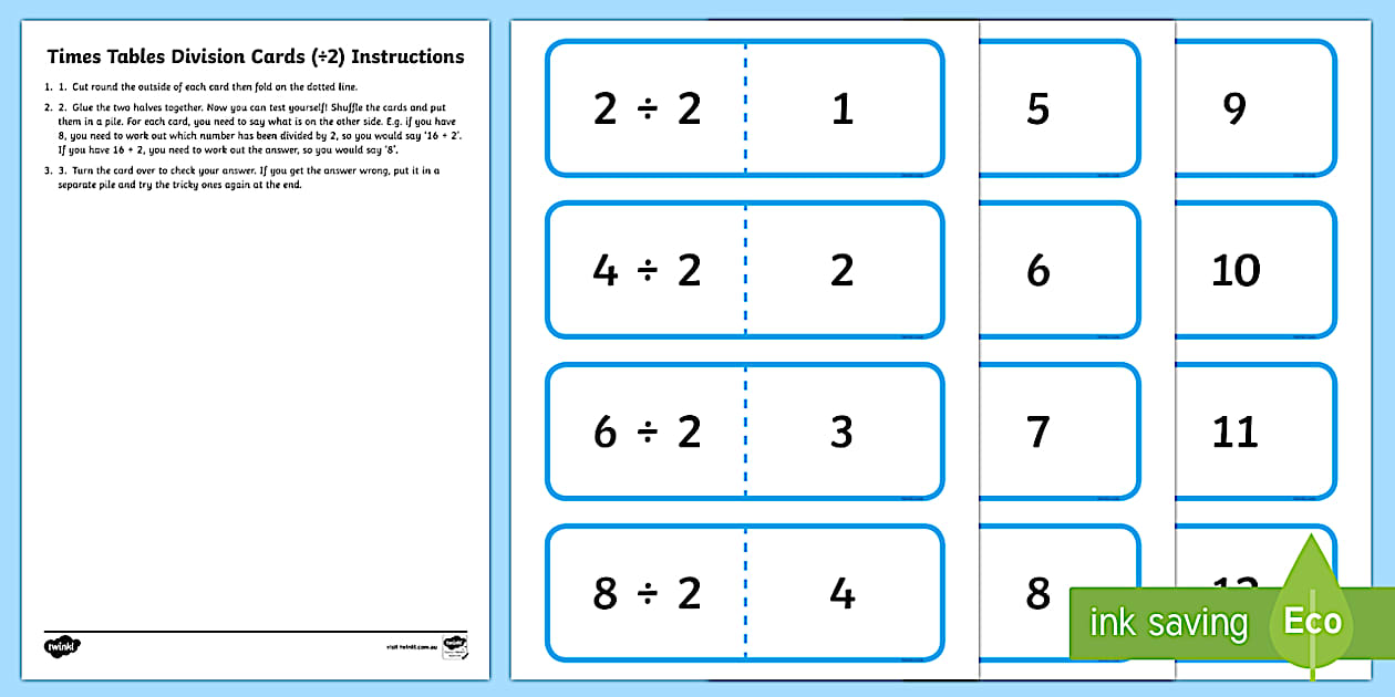2 Times Table Division Cards (Hecho por educadores) - Twinkl
