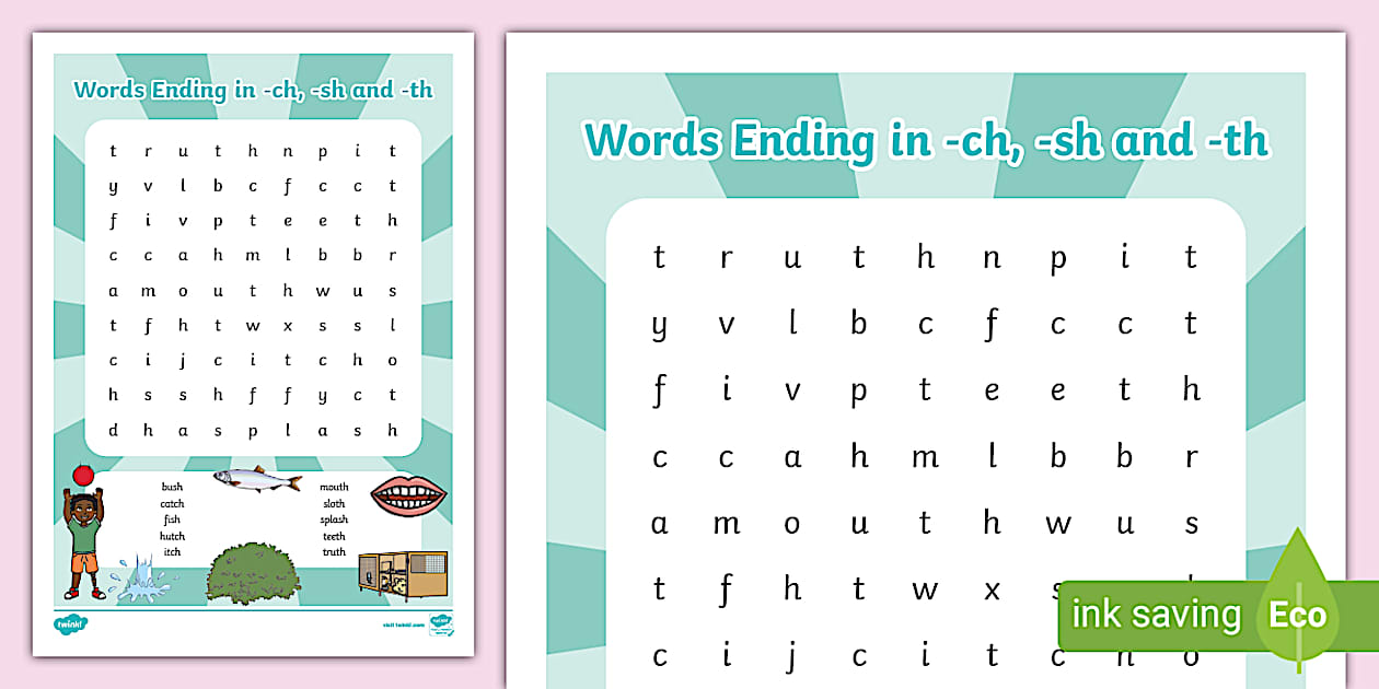 Words Ending in -ch, -sh and -th Word Search