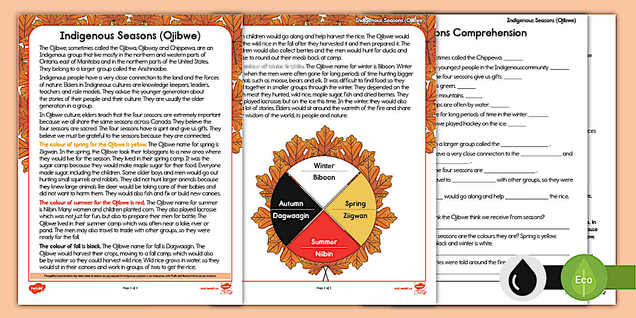 Ojibwe Seasons Reading Comprehension Resource (teacher made)