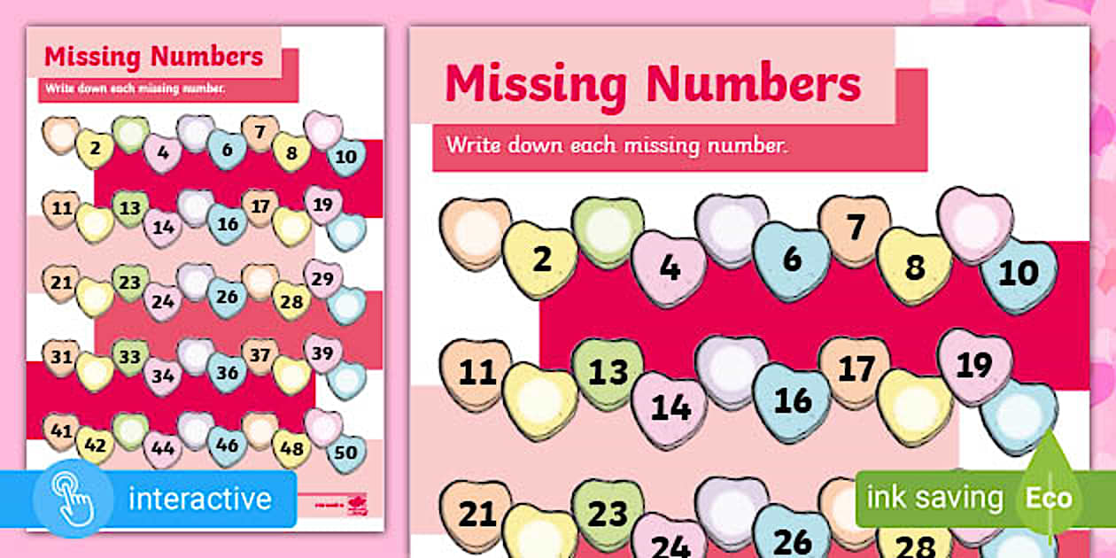 Valentine's Day Hearts Missing Number to 50 Worksheet