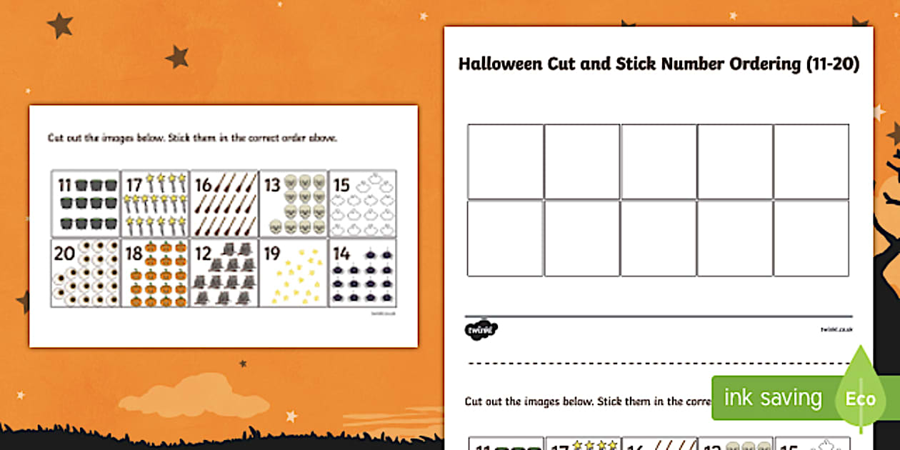 Halloween Themed Cut and Stick Number Ordering 11-20 Activity