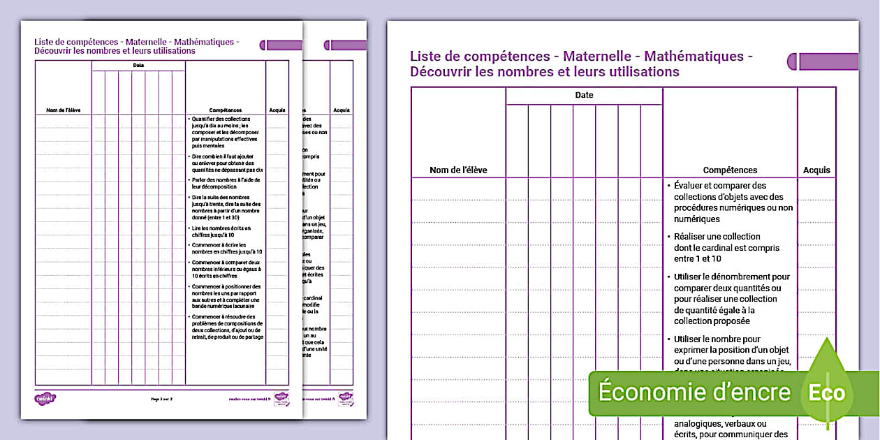 Liste de compétences - les nombres et leurs utilisations