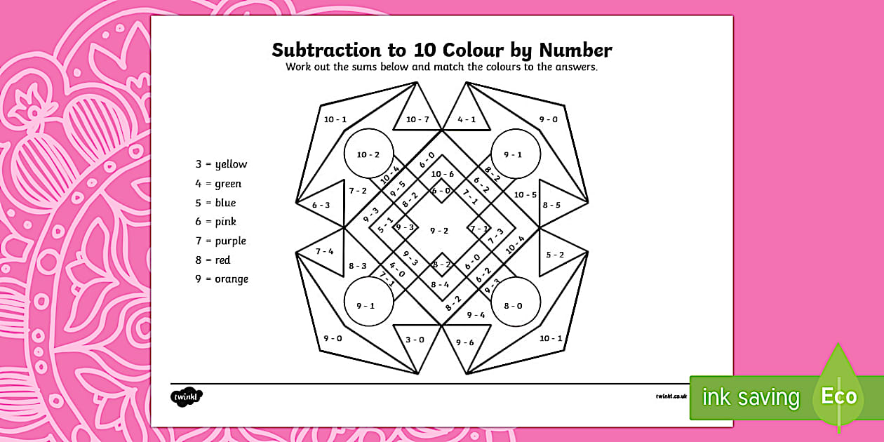 Rangoli Pattern Subtraction to 10 Colour by Number - Twinkl